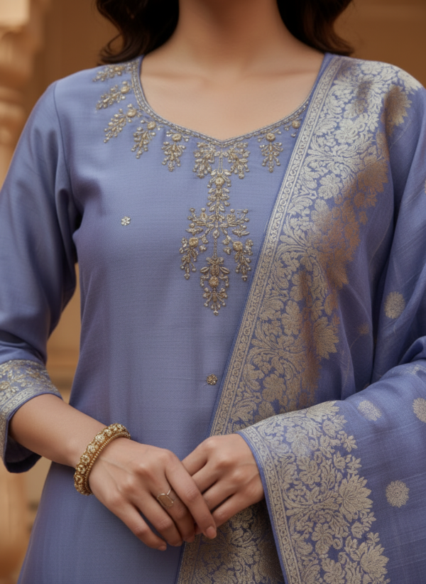 Periwinkle Lavender Silk Kurta Set with Delicately Embroidered Neckline ...
