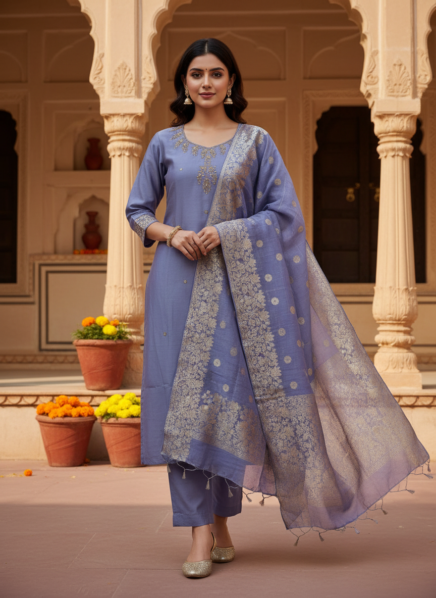 Periwinkle Lavender Silk Kurta Set with Delicately Embroidered Neckline ...